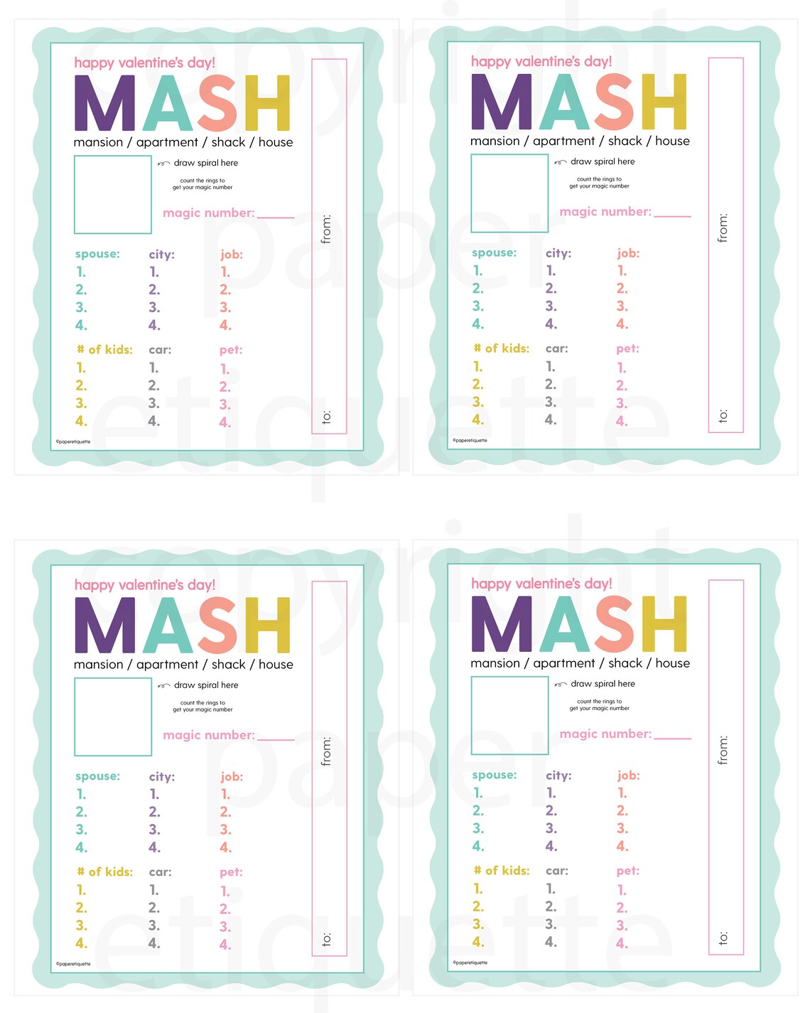 MASH Valentine's Day Cards - Middle School Valentine -valentine Game ...