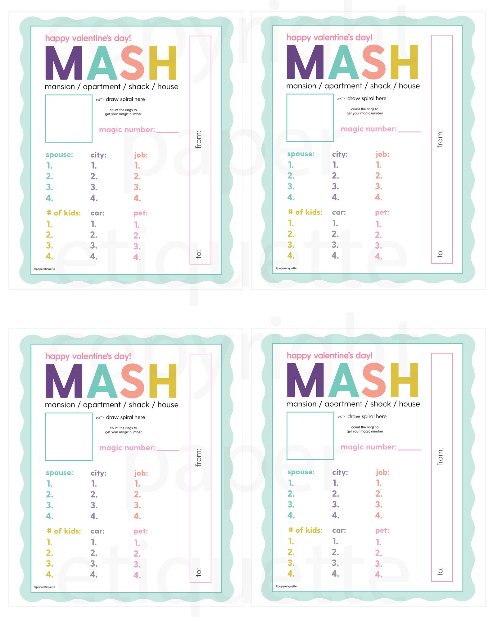 MASH Valentine's Day Cards - Middle School Valentine -valentine Game ...