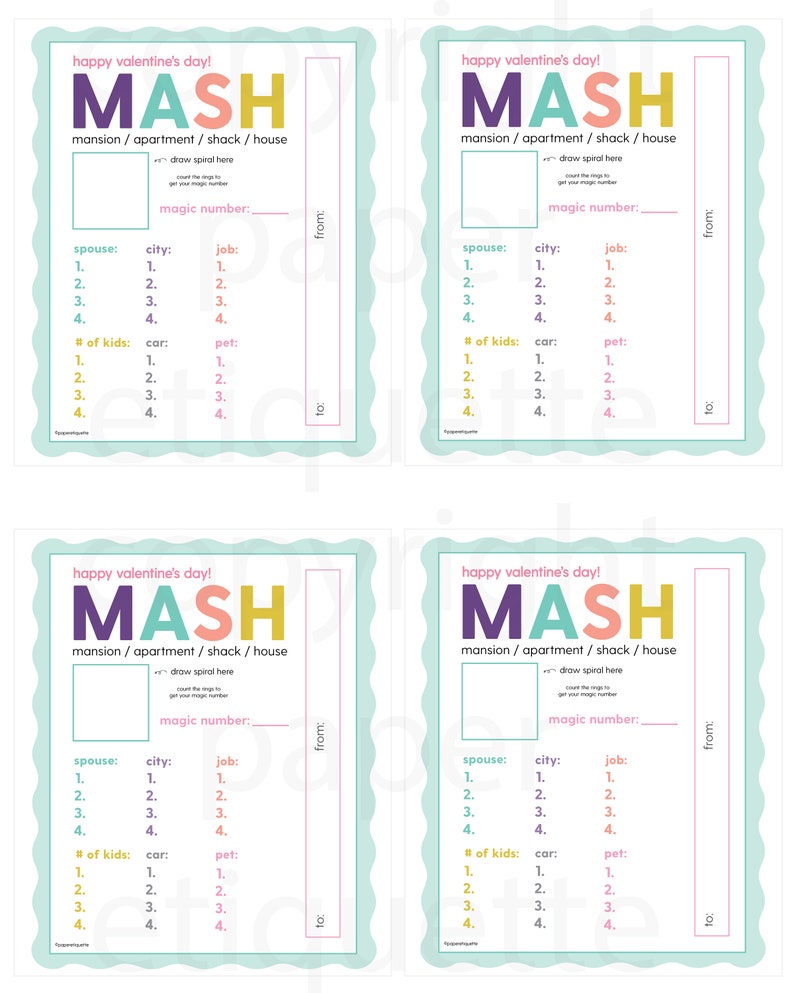 MASH Valentine's Day Cards - Middle School Valentine -valentine Game ...