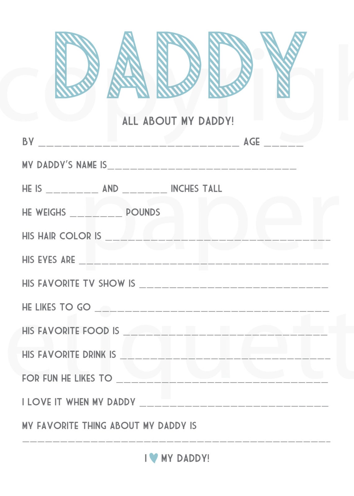 All About Daddy Printable Father's Day Gift 5 x 7 Fill | Etsy