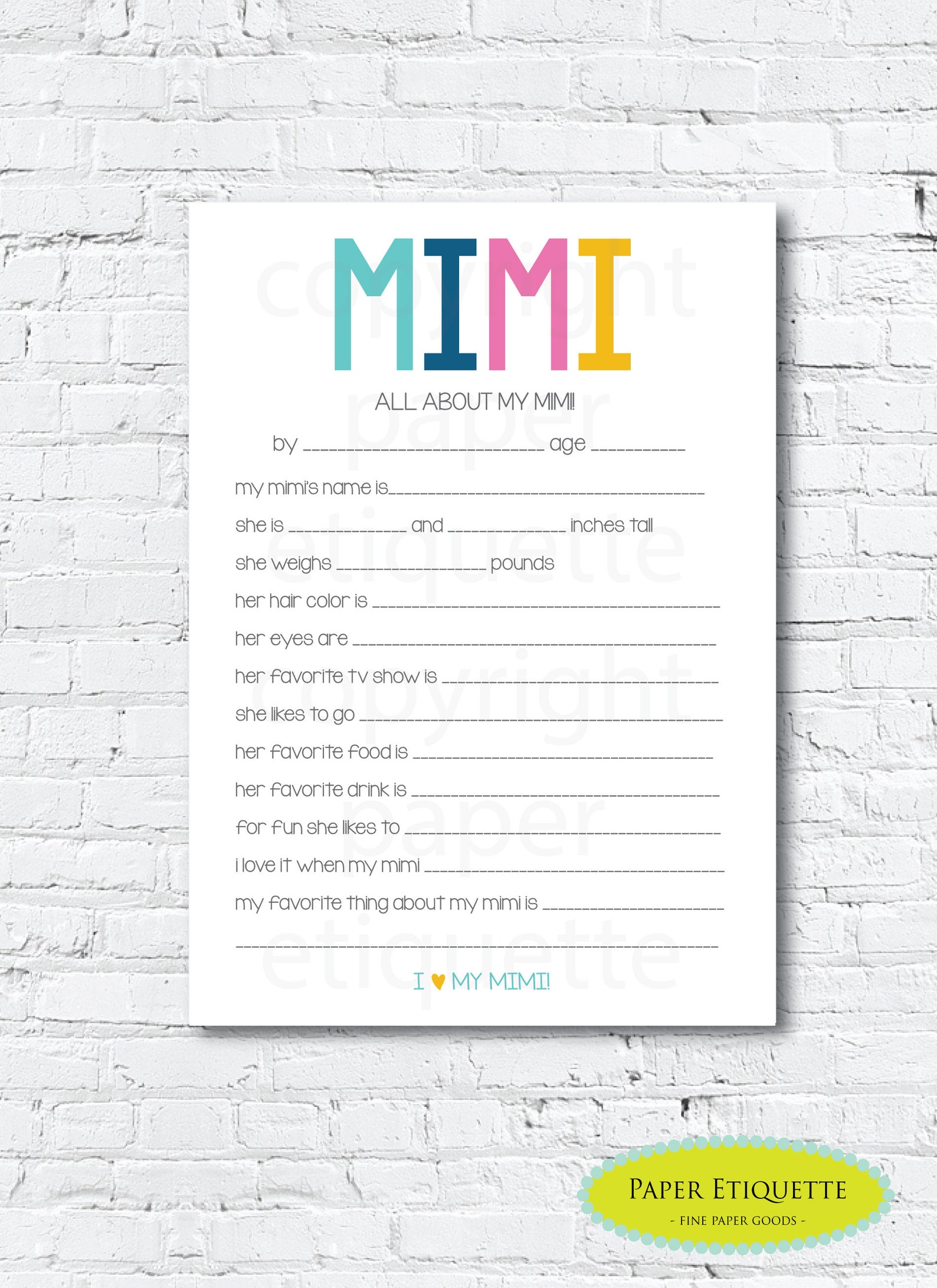 All About Mimi Printable, Mimi Mother's Day Gift - Mimi Fill In, Print ...