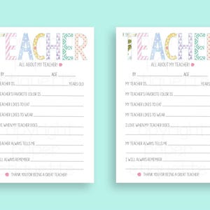 Best Teacher Card - All About My Teacher Appreciation Gift, End of Year ...