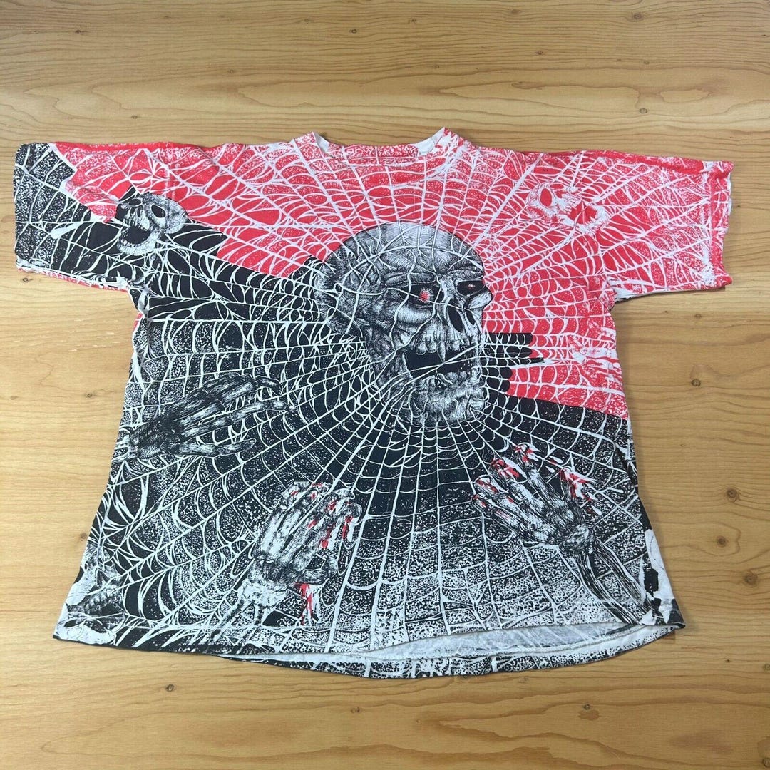 Vintage 1990s Deadstock Morbid Rags AOP Skull Single Stitch Graphic T ...