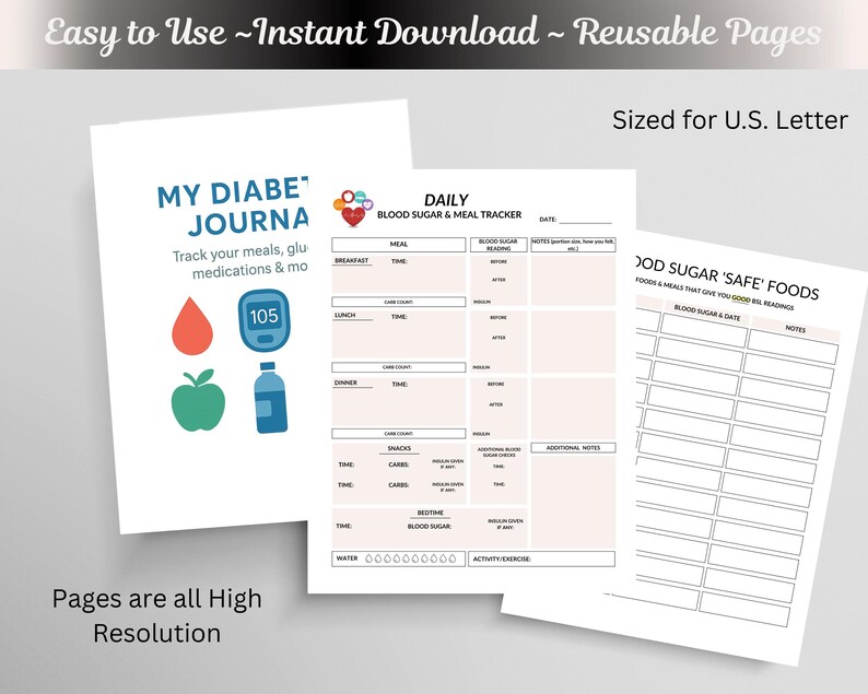 Printable Diabetes Journal, Digital Download Diabetic Meal Plan, Carb ...