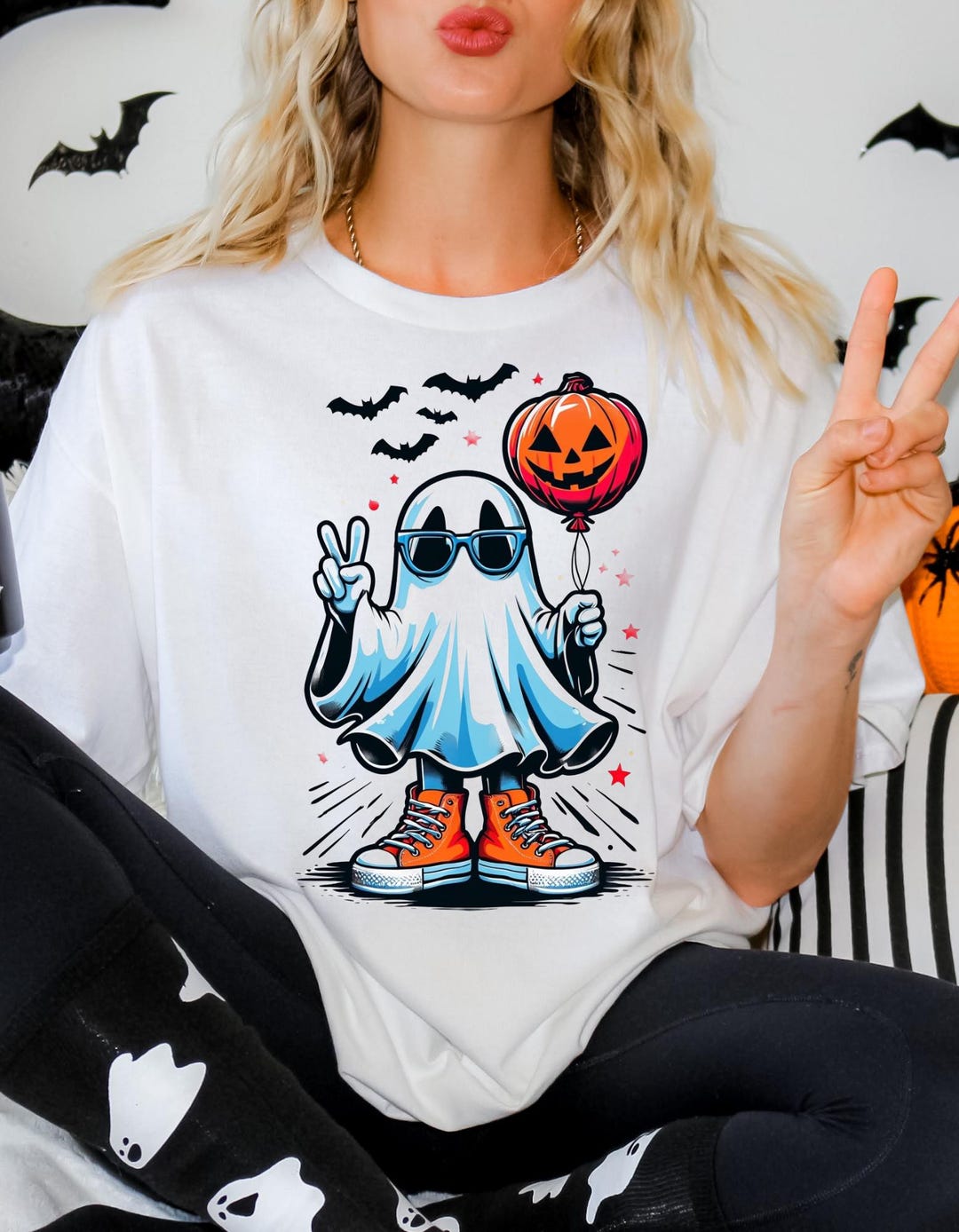 Pop Art Ghost With Glasses Sneakers Halloween Balloon Peace Sign Unisex ...