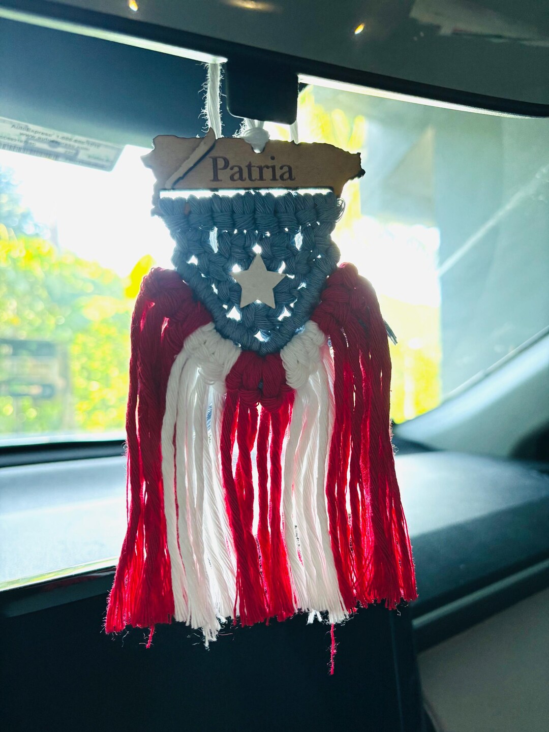 Puerto Rico Macrame Rearview Mirror Flag | Handmade Boho Pendant ...