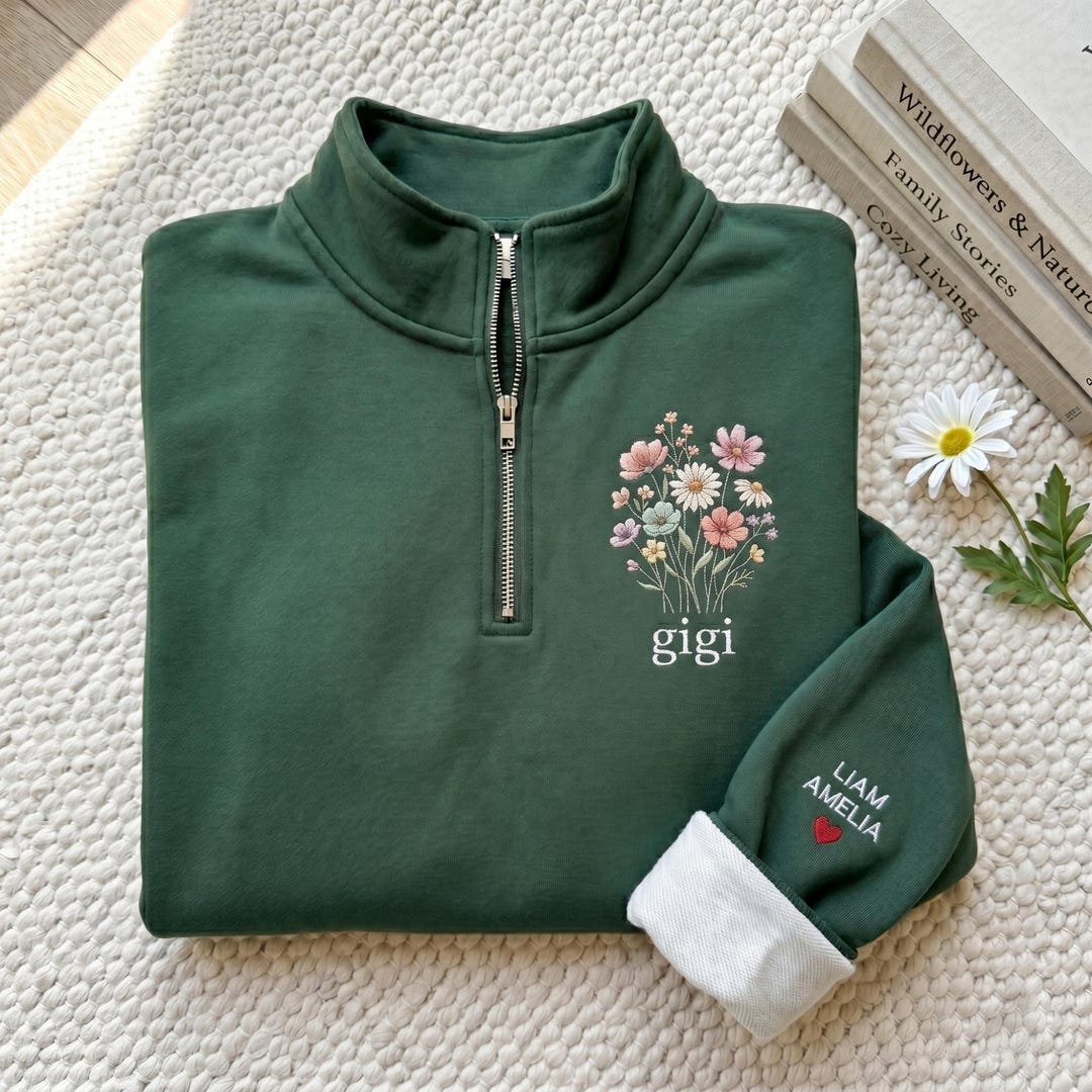 Custom Embroidered Gigi Quarter Zip Sweatshirt, Gigi Floral Sweatshirt ...