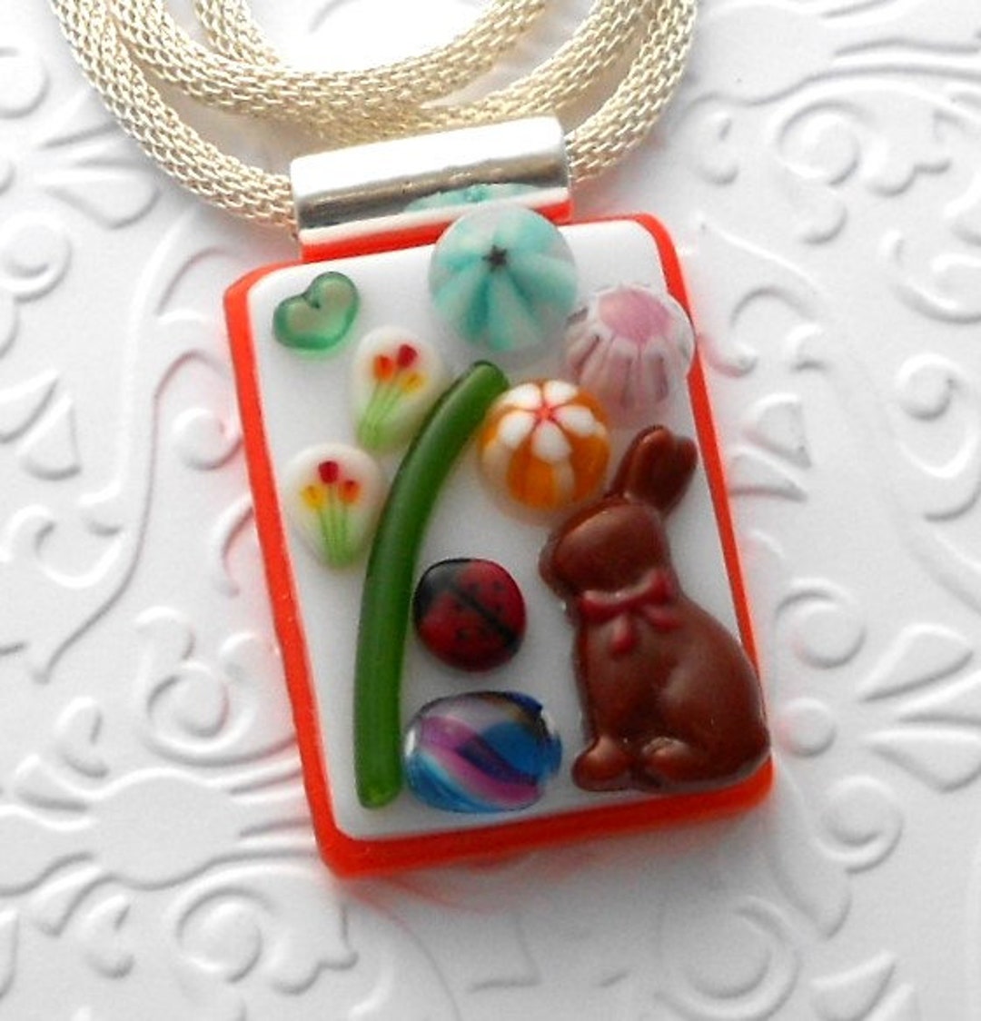 Chocolate Bunny Fused Glass Pendant Easter Pendant Flower and Bunny ...