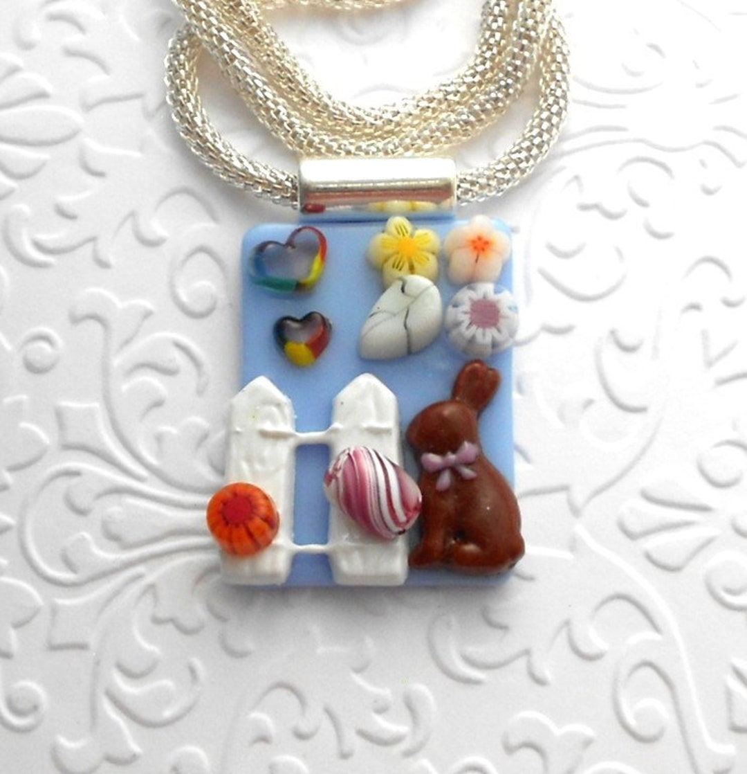 Chocolate Bunny Fused Glass Pendant - Easter Pendant - Flower and Bunny ...