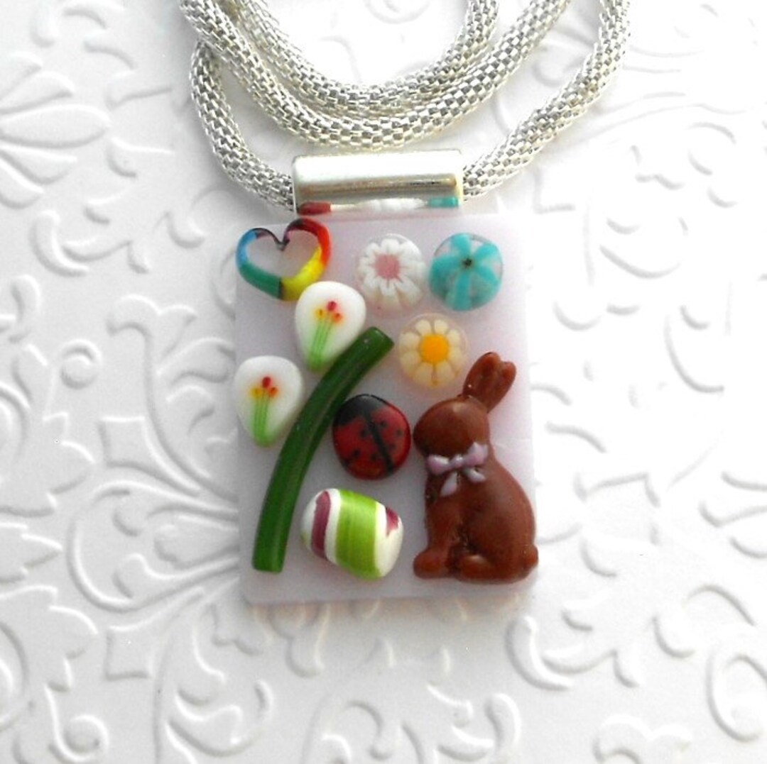 Chocolate Bunny Fused Glass Pendant - Easter Pendant - Flower and Bunny ...
