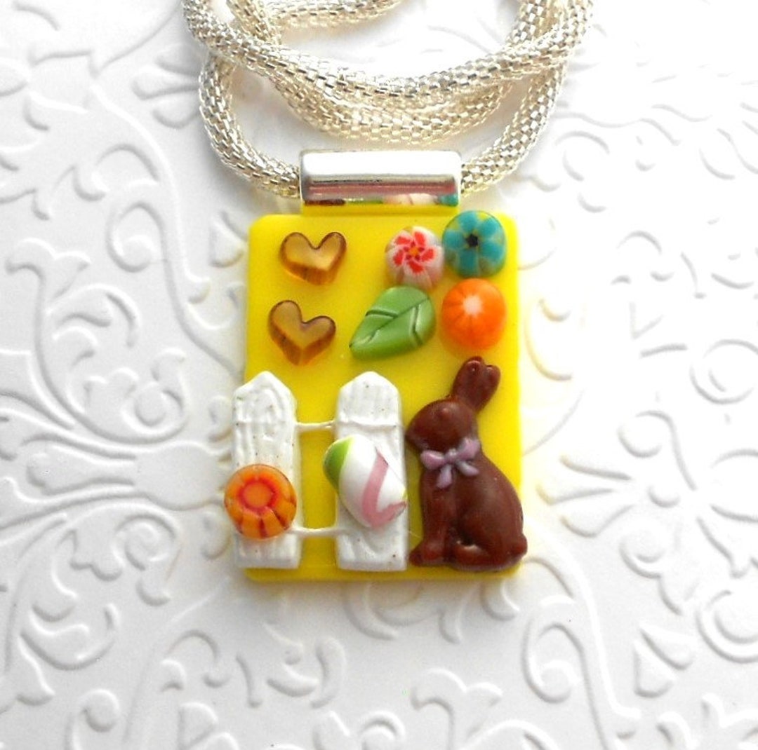 Chocolate Bunny Fused Glass Pendant - Easter Pendant - Flower and Bunny ...