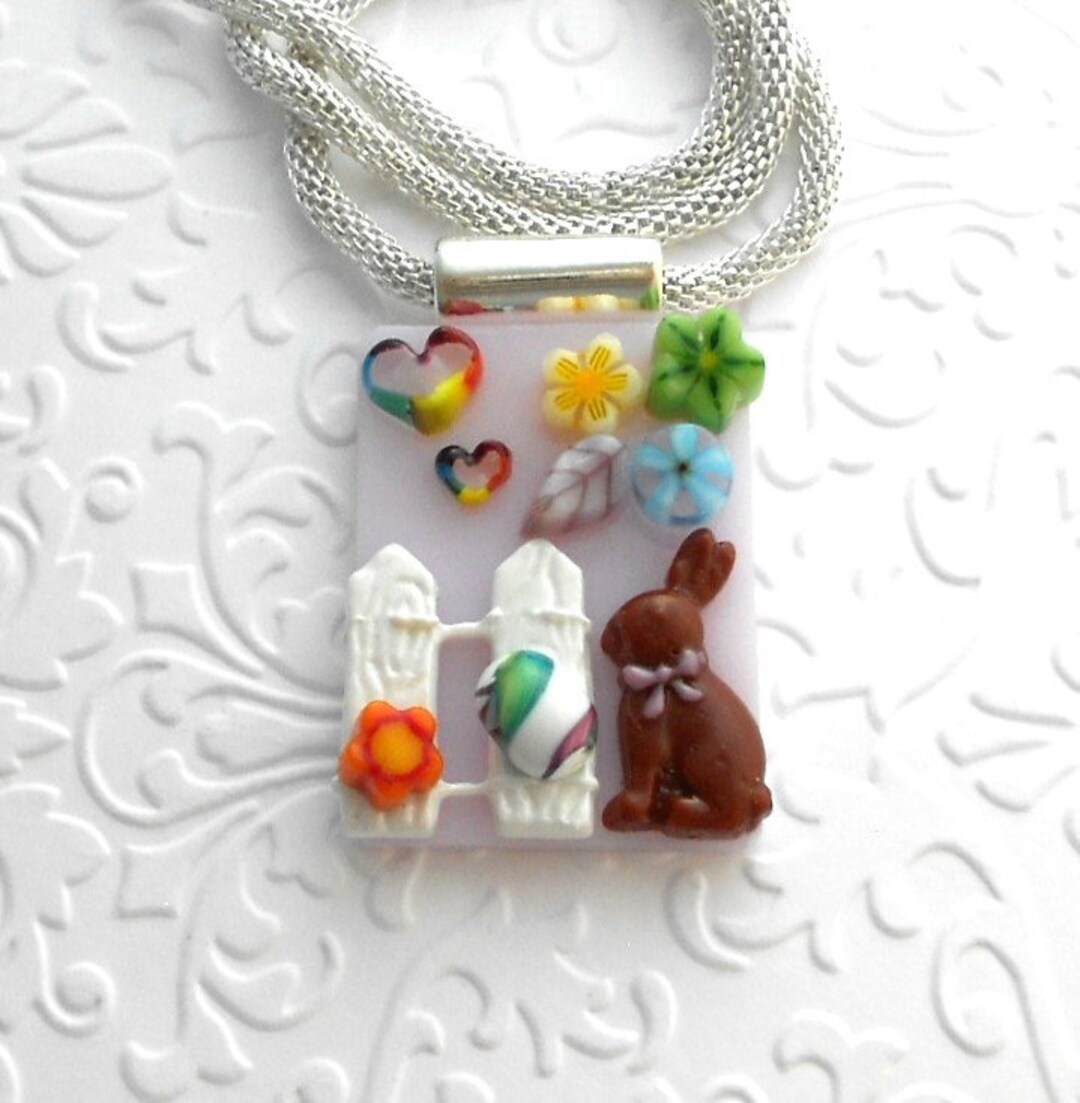 Chocolate Bunny Fused Glass Pendant - Easter Pendant - Flower and Bunny ...