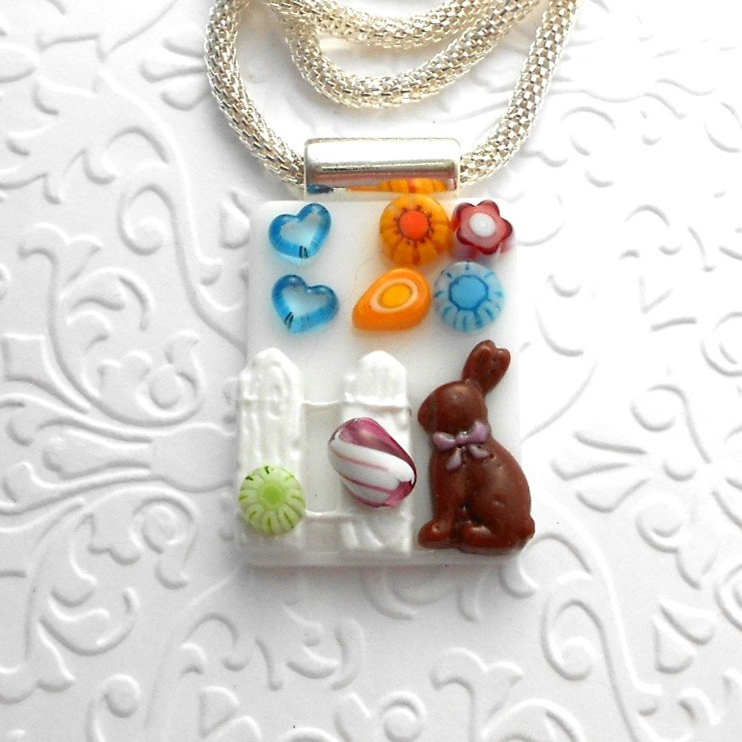 Chocolate Bunny Fused Glass Pendant - Easter Pendant - Flower and Bunny ...