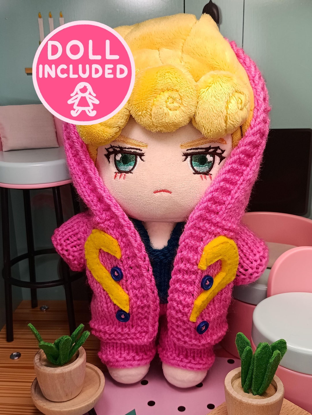 Giorno Giovanna Plush Doll: Handmade Knitted Outfit & Detachable Hair ...