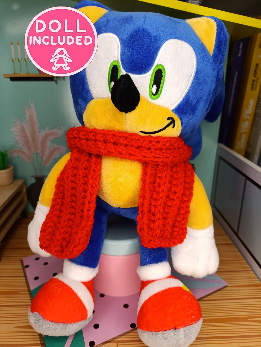 Sonic the Hedgehog Plushie With 50 Cm Handmade Knitted Scarf – Red Blue ...