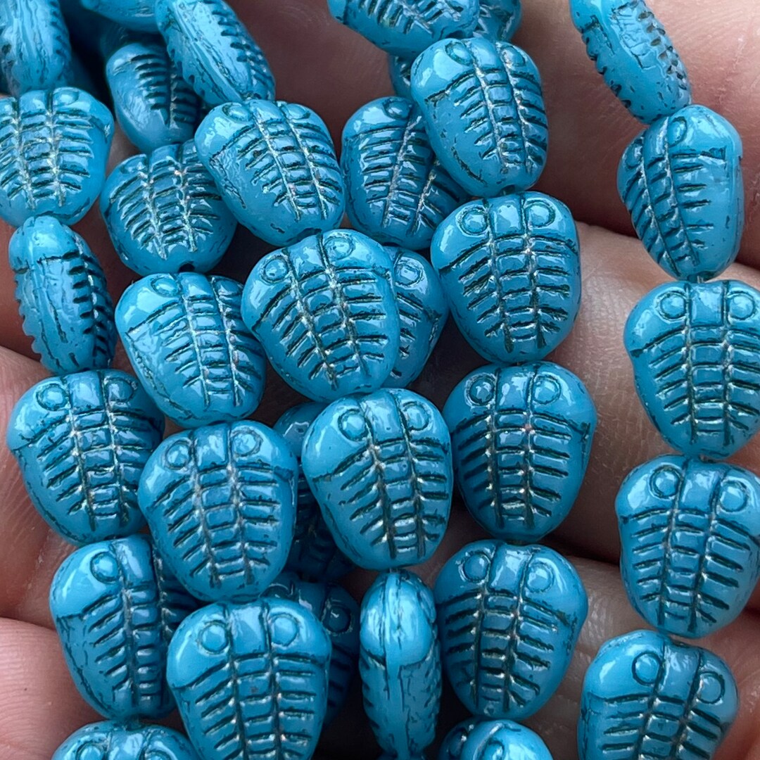 Blue Trilobite Czech Glass Beads, 11mm Trilobite Beads, Carved ...