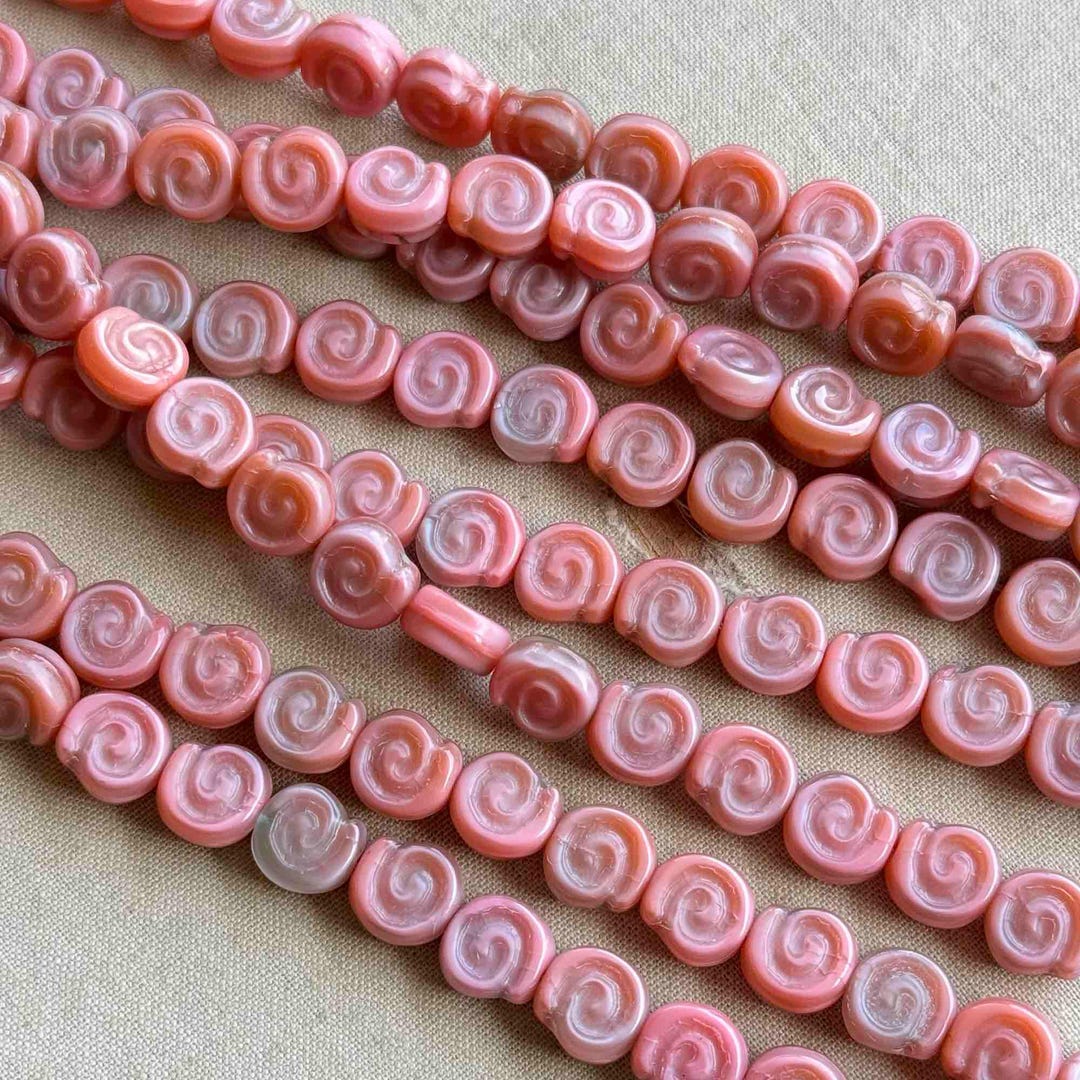 Pink Shell Ammonite Beads, Pink Snail Czech Glass Beads, Pressed Czech ...
