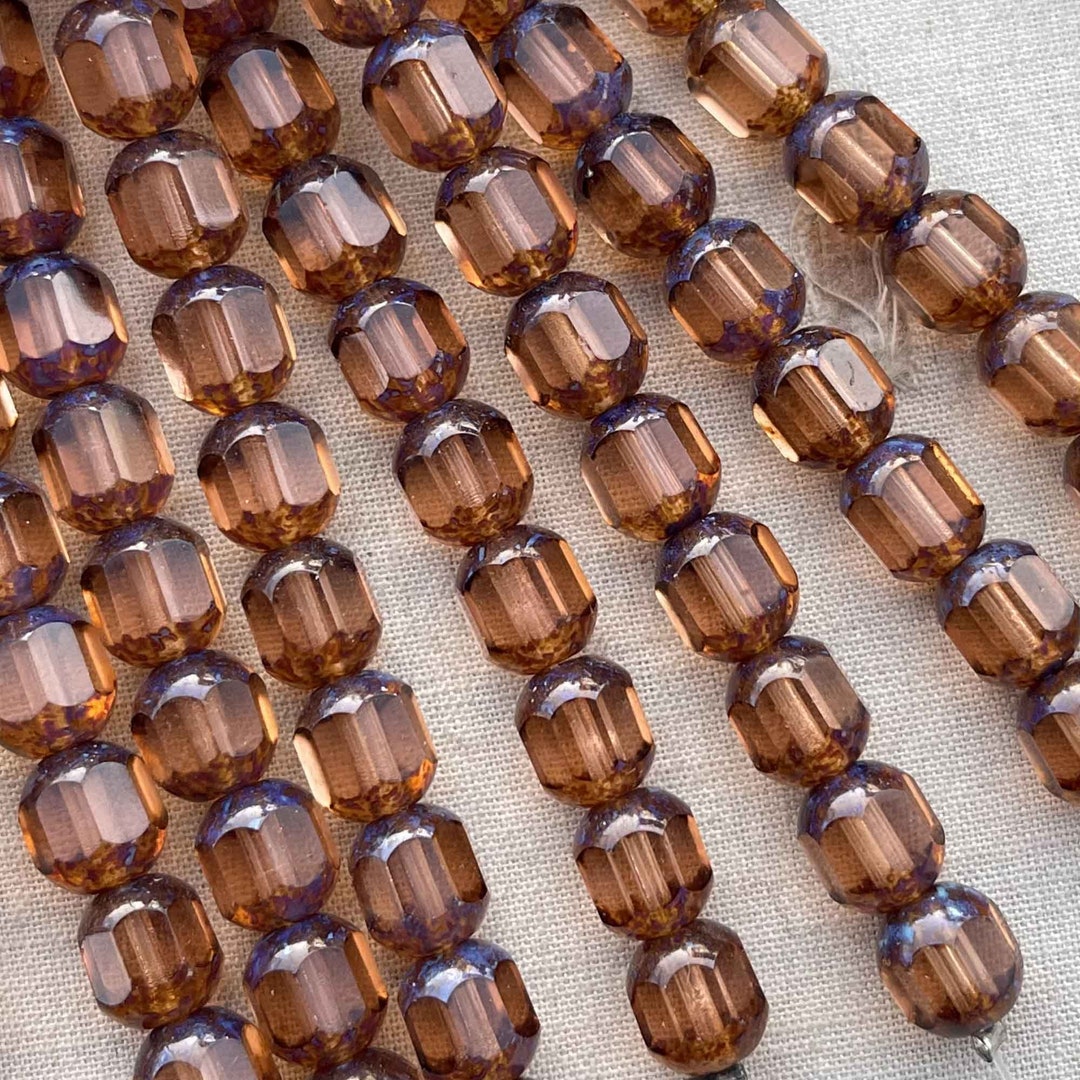 Brown Barrel Beads, Czech Fire Polish Beads, Vintage Style Cathedral ...