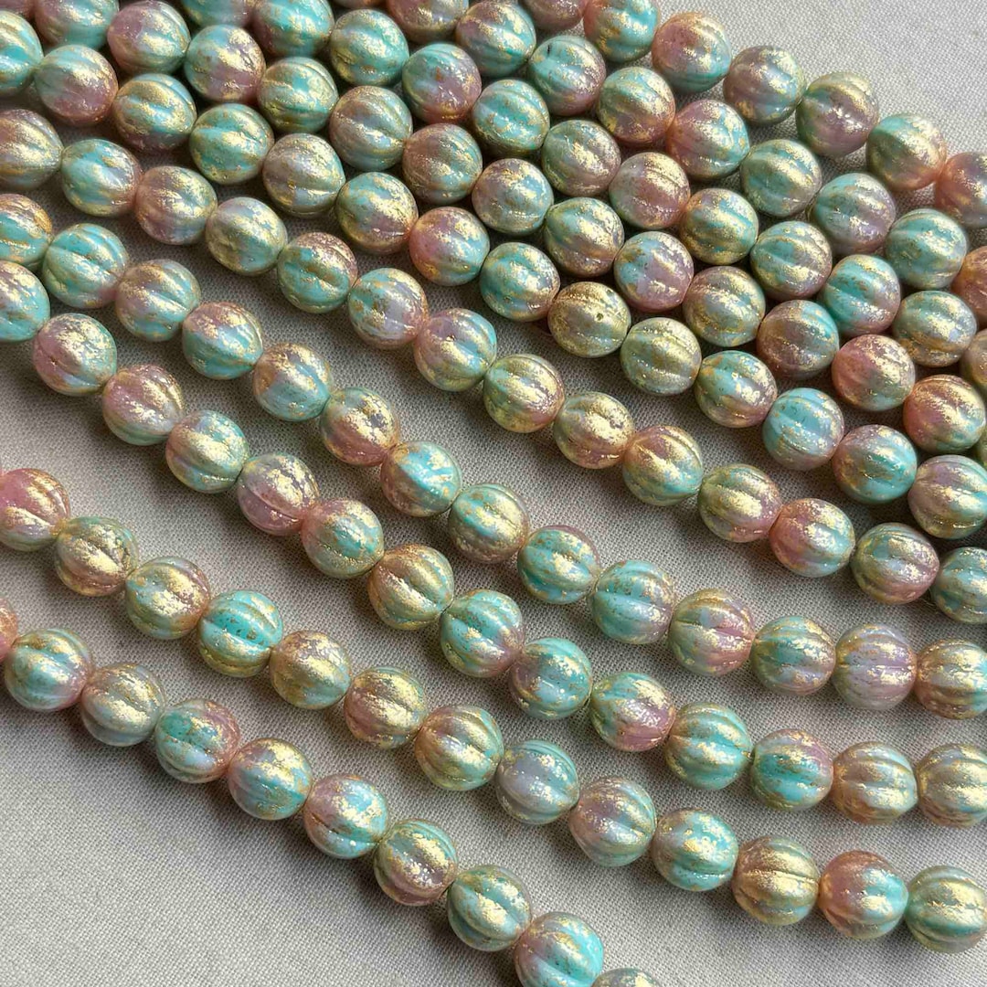 Turquoise Pink Melon Czech Beads, 8mm Czech Glass Beads, Pumpkin Melon ...