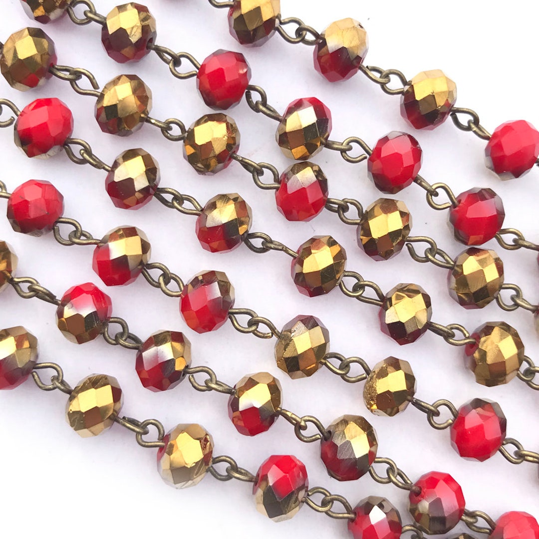 Anastasia, Red Gold Crystal Beaded Chain, Vintage Red Beaded Chain, 8mm ...