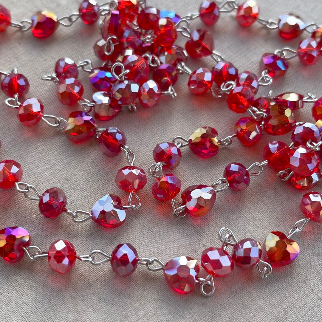 Cupid, Heart Crystal Bead Chain, Red AB Heart Chain, 8mm Rondelle Heart ...