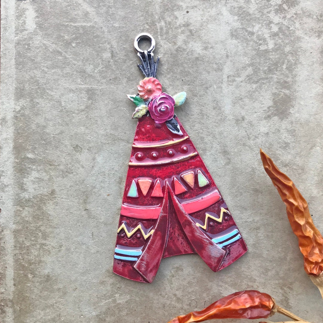 Red Boho Teepee Pendant, Rustic Indian Teepee Pendant, Boho Flower ...