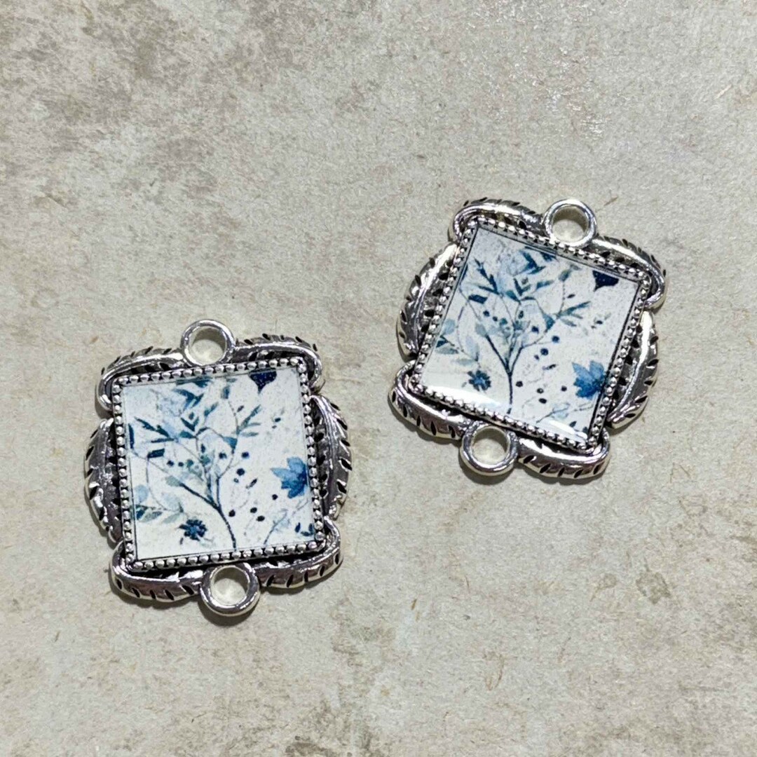 Teal Floral Square Charm, Collage Resin Charms, 25x23mm, Antique Silver ...