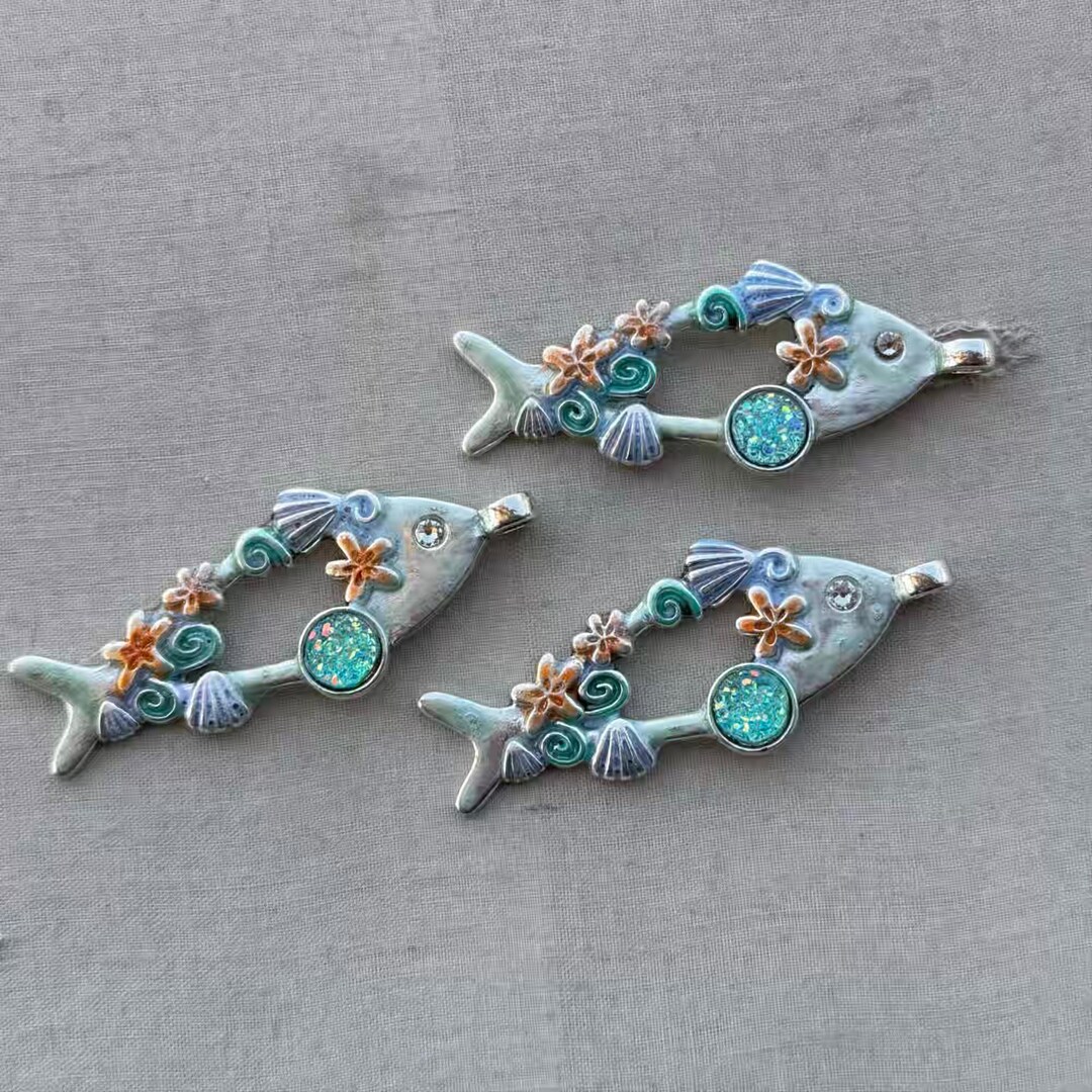 Blue Fish Pendant, Ocean Fish Pendant, Seashell Fish Pendant, Silver ...