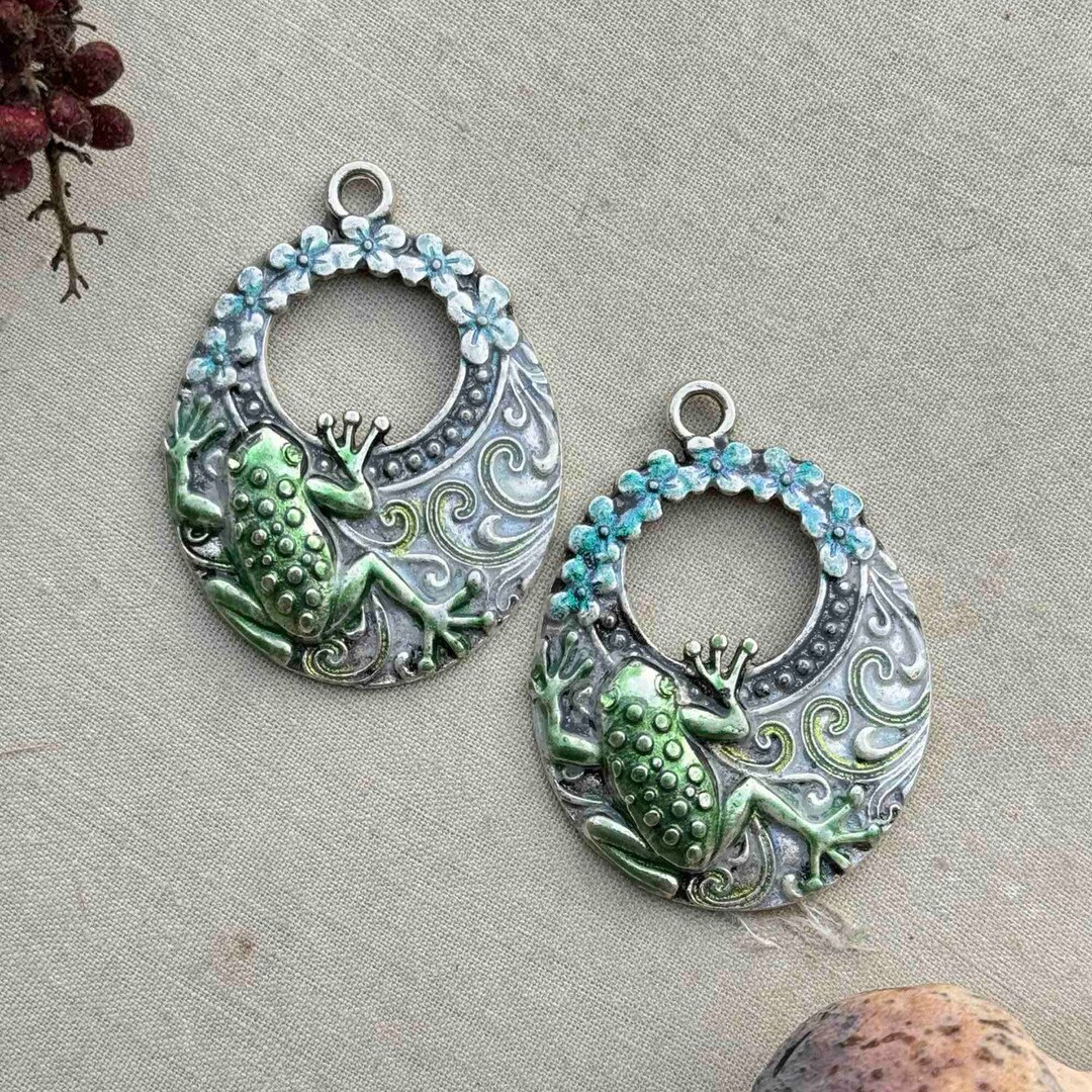 Artisan Frog Drop Pendants, Boho Floral Frog Charm, Patina Frog Pendant ...