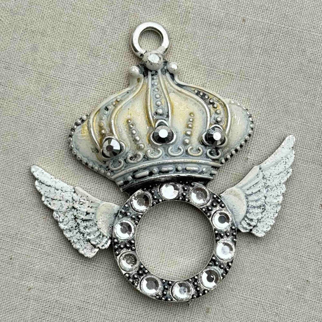 White Crown, Winged Crown Ring Pendant, Crown Ring, Rhinestone Crystal ...