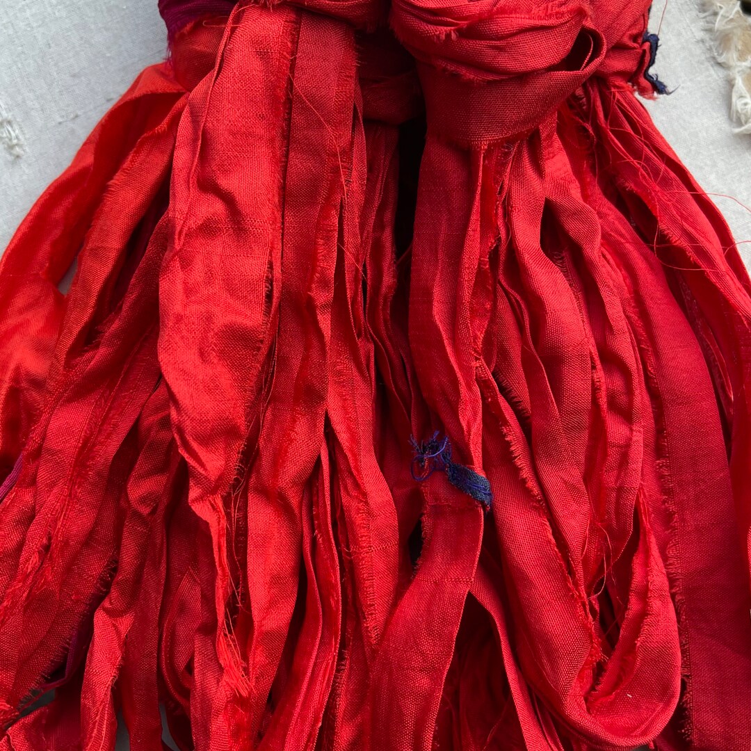 Red Vintage Sari Ribbon, Torn Crinkled Sari Ribbon, Bright Red Ribbon ...