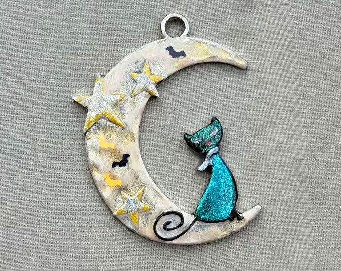 Cat in the Moon Pendant, Artisan Cat Moon Pendant, Hand Painted Cat ...
