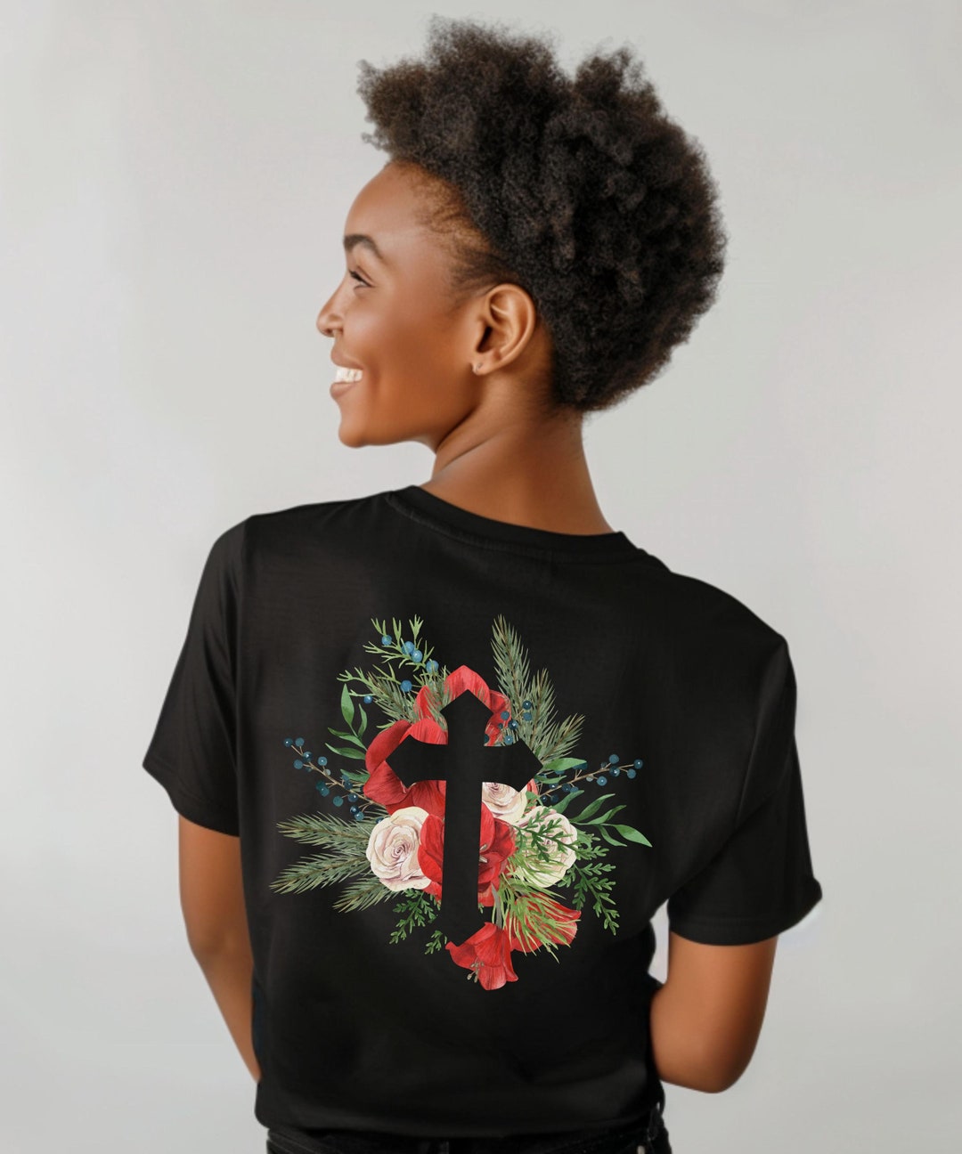 Christian Cross Tee Shirt, Simple Floral Cross Top, Religious Faith ...