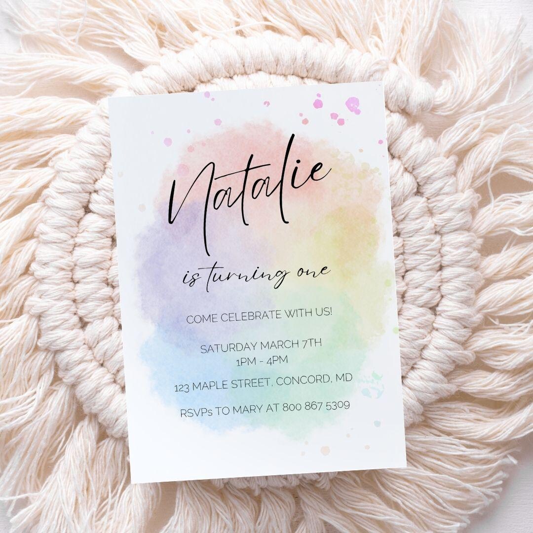Rainbow Birthday Invitation Colorful Pastel Watercolor Invitation Girl ...
