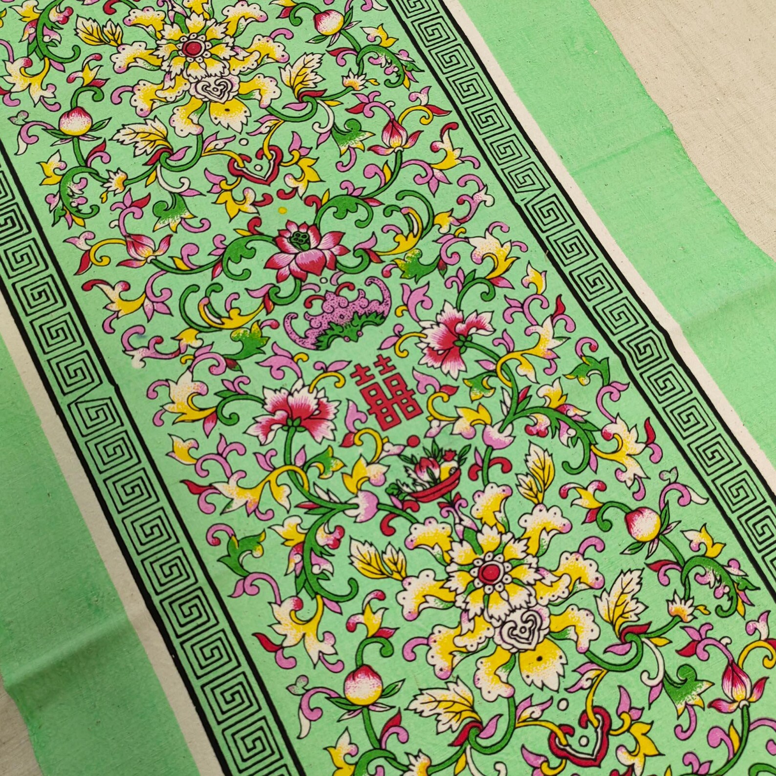 Vintage Chinese Blessing Cotton Fabric: Hand Woven Silk Print by the ...