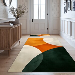 Abstract Shapes Shades Green Orange Modern Area Rug, Boho Dorm Decor ...