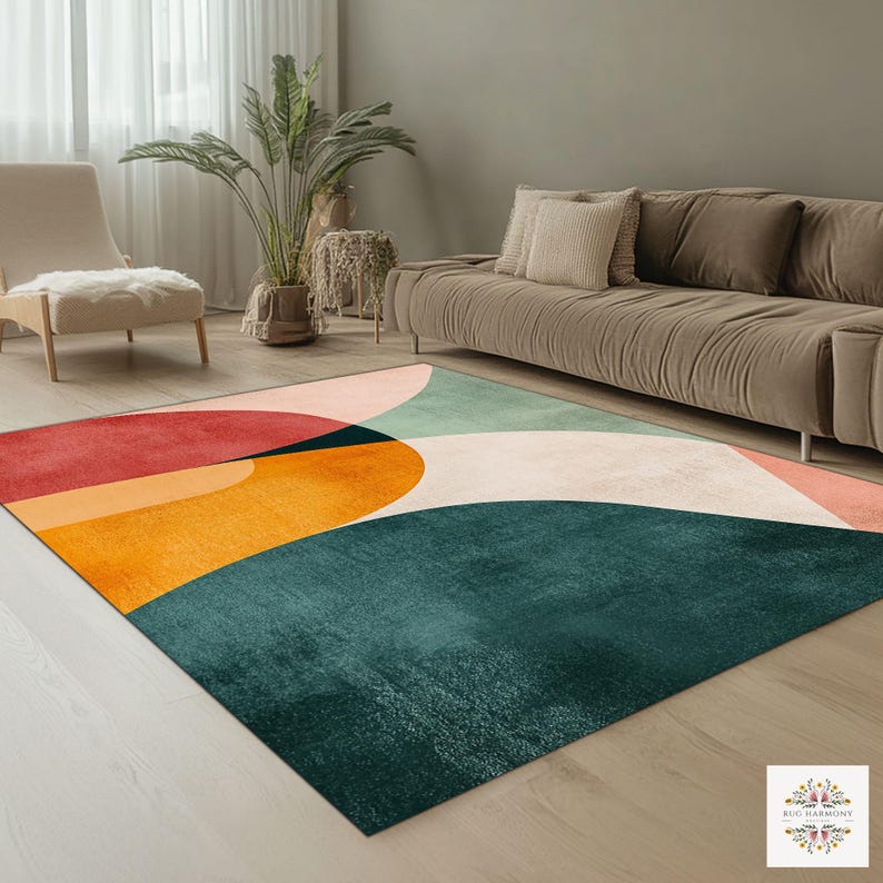 Abstract Shapes Shades Green Orange Red Modern Area Rug, Boho Dorm Decor,modern Art ...