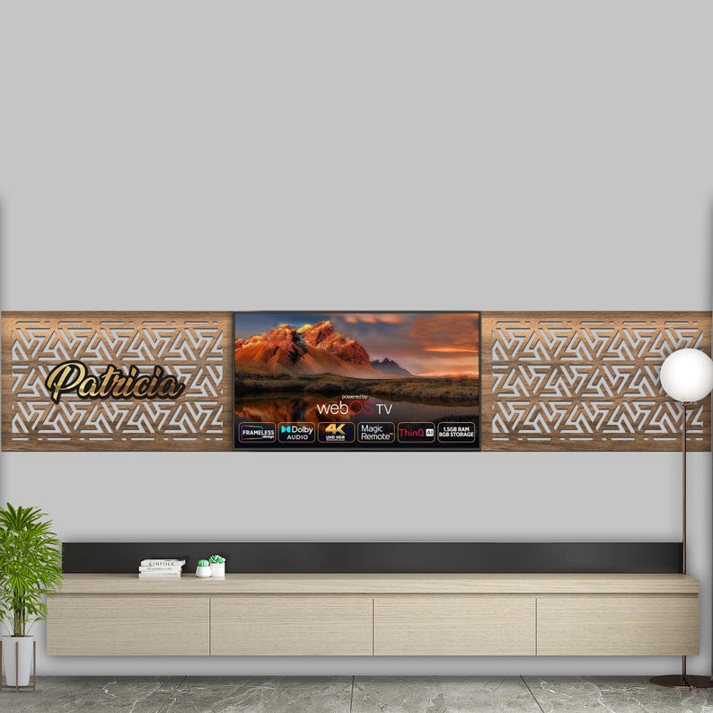 Modern Geometric TV Back Wall Panel - Personalized Name Design With ...
