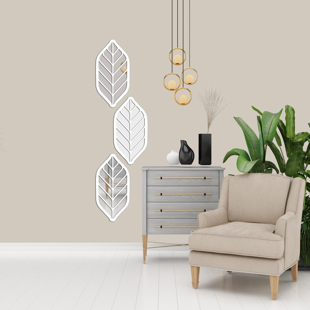 Elegant 3D MDF Leaf-shaped Mirror With Gold or Silver Frame | Nature ...