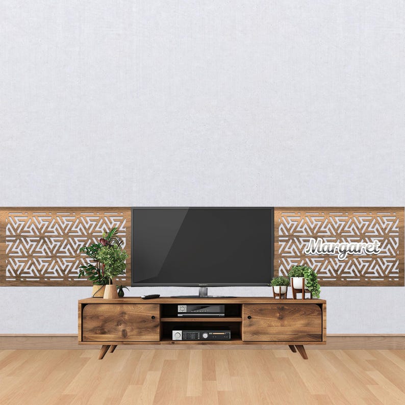 Modern Geometric TV Back Wall Panel - Personalized Name Design With ...