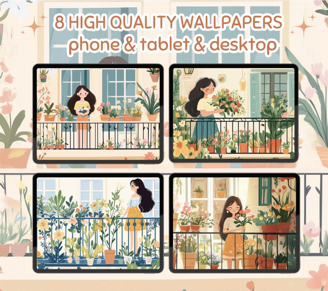 Spring Floral Wallpaper, Girl on Balcony Vibrant Spring View Wallpaper ...
