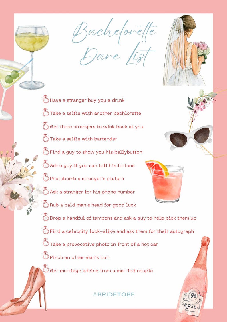 Best 14 Bachelorette Dares List - Different Styles - A4 Format , Best ...