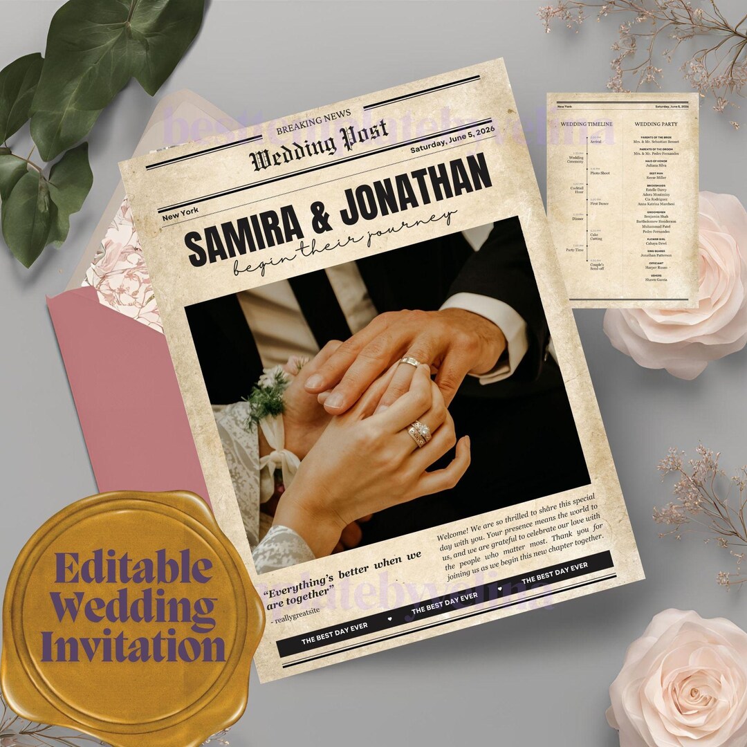 Vintage Newspaper Wedding Invitation: Rustic, Editable Template - Etsy
