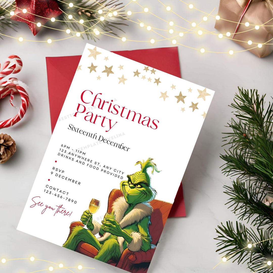 Canva Editable Template Christmas Party Invitation Grinch Party Ideas ...