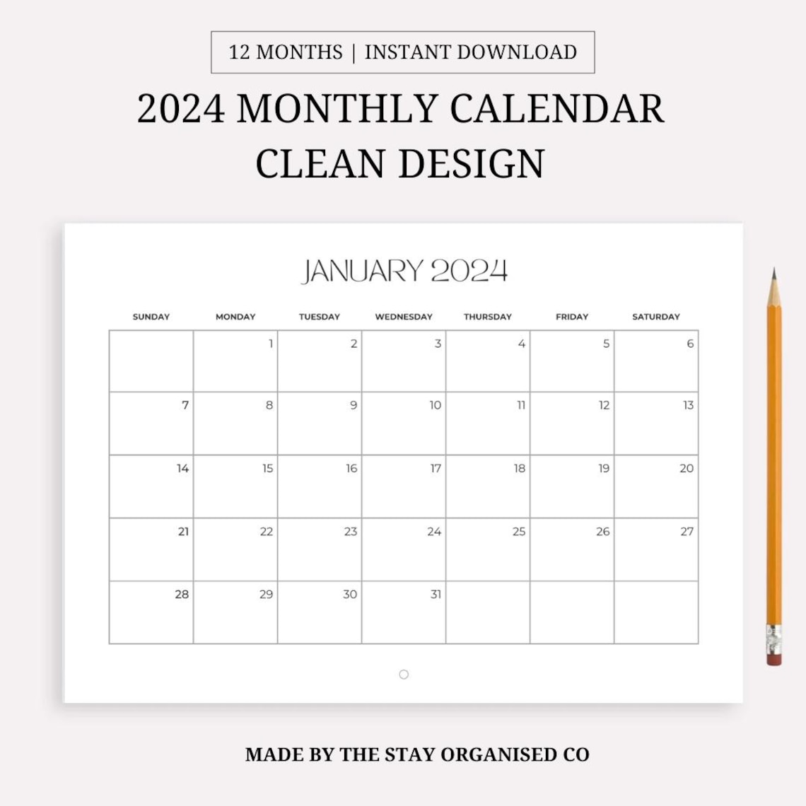 2024 Monthly Calendar - Clean Design, Landscape, Printable Calendar ...