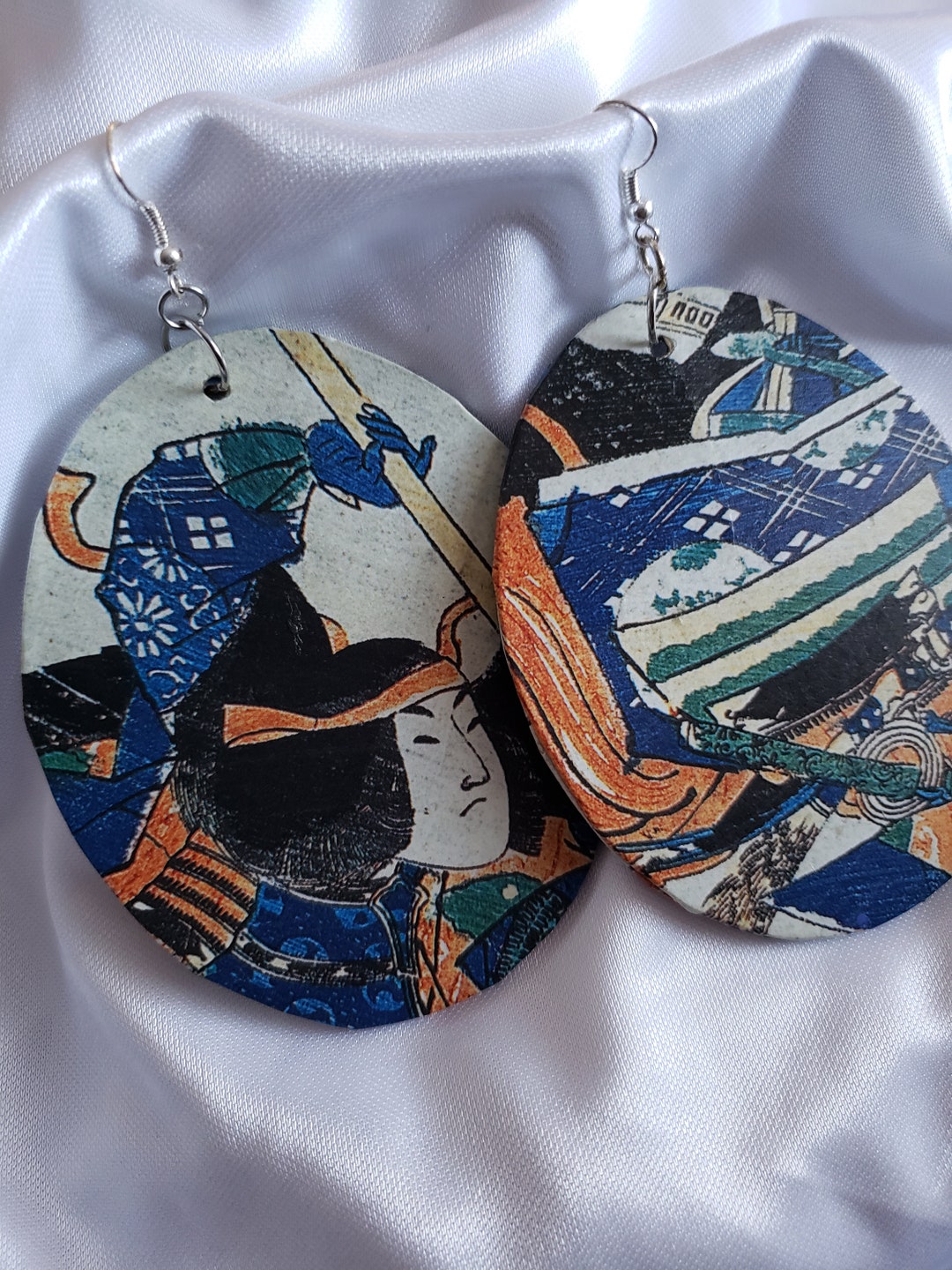 Large Japanese Samurai Painting Wood Earrings - Etsy