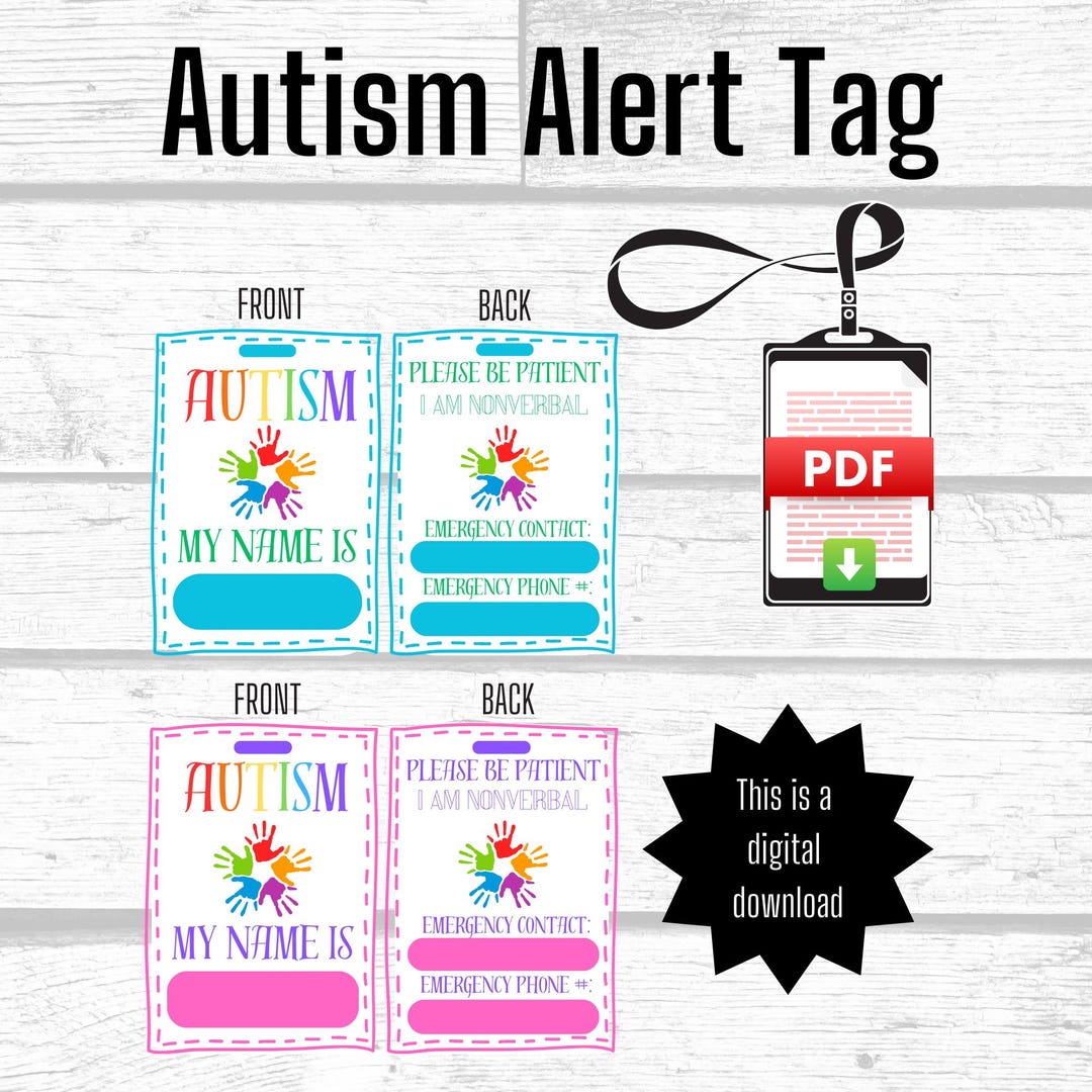 Autism Alert Tag, Special Needs, Printable, Emergency ID, Safety Info ...