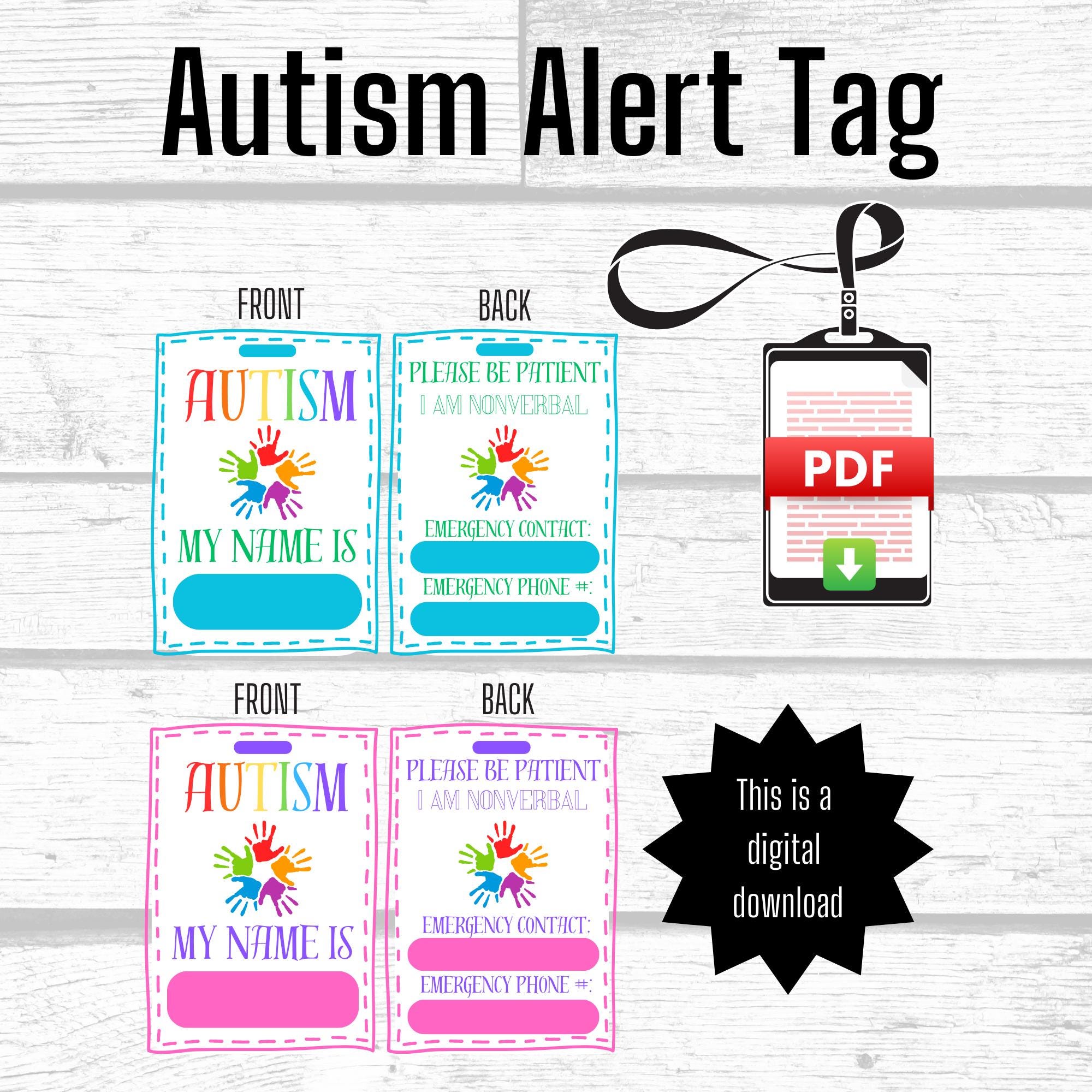 Autism Alert Tag, Special Needs, Printable, Emergency ID, Safety Info ...