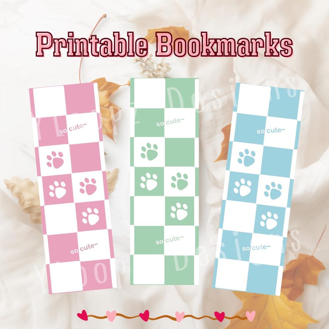 Cute Paw Printable Bookmark Set, Minimalist Checkered Paw Bookmarks ...