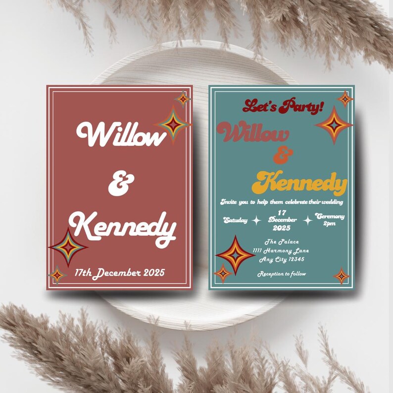 Retro Wedding Invitation Template, Bright and Bold Invite, Colorful and ...